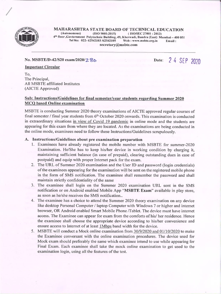 Students Instructions For MCQ Based Exam - 240920201955 PDF | PDF