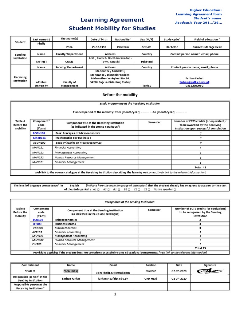 Learning Agreement For Exchange Students Zoha Khaliq 61536 | PDF ...