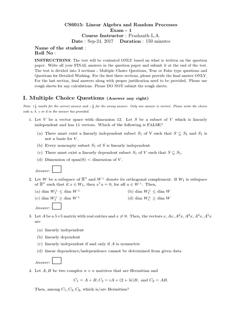 I. Multiple Choice Questions | PDF | Matrix (Mathematics) | Linear Subspace
