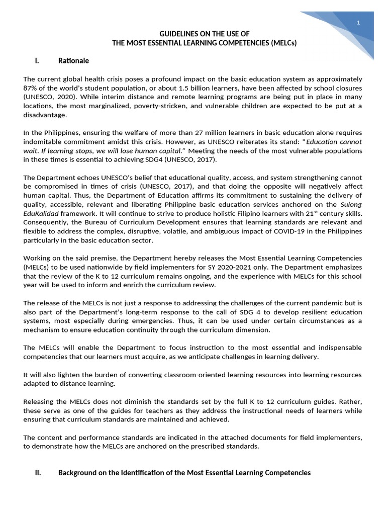 Guidelines On The Use of The Most Essential Learning Competencies ...