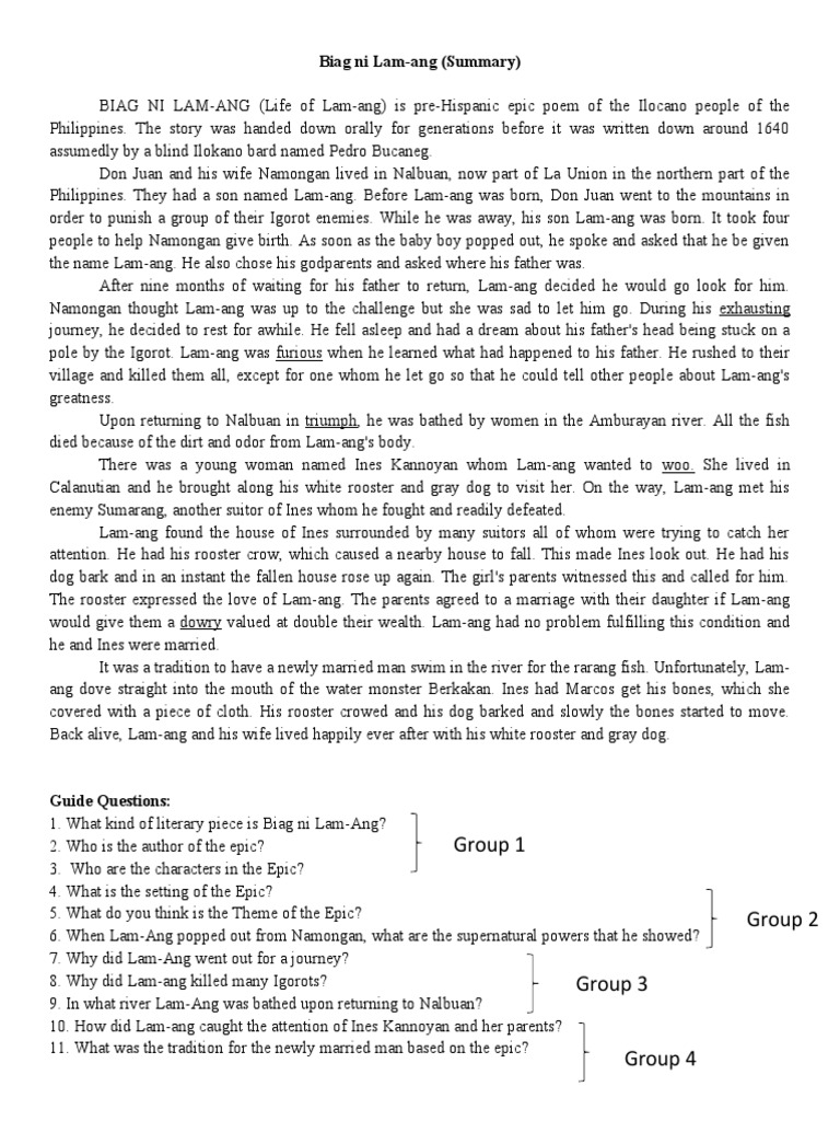 Biag Ni Lam-Ang-EPIC-with Guide Questions | PDF