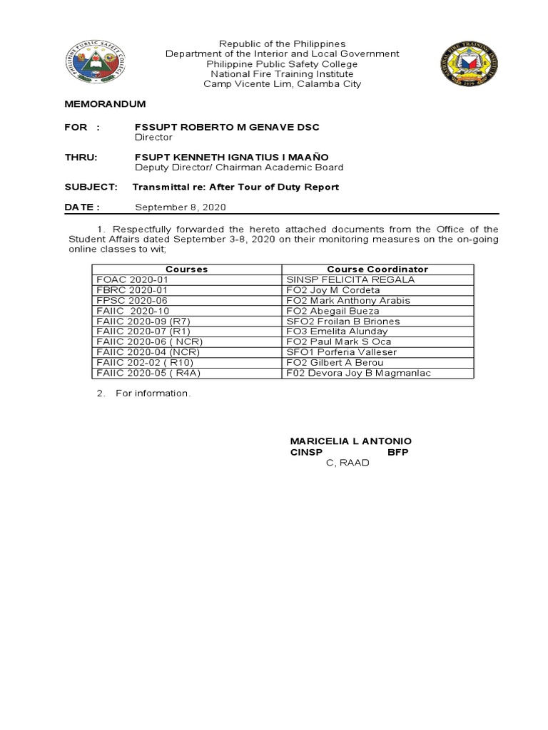 Transmittal Re After of Tour of Duty Report | PDF | Violence