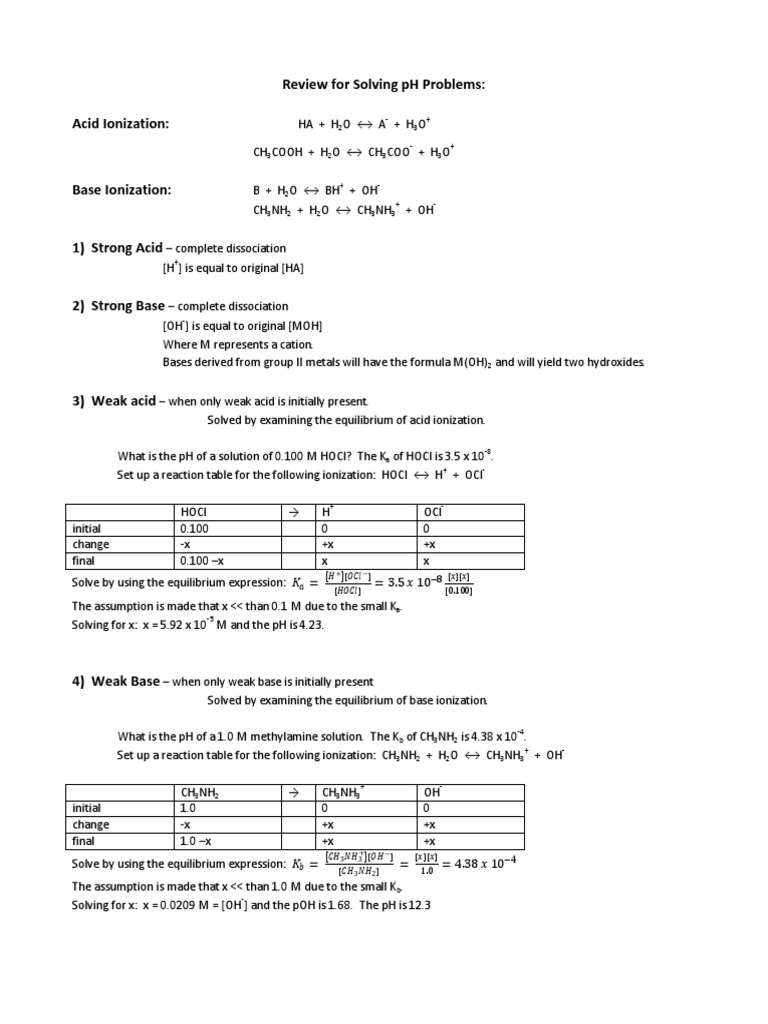 Review For Solving PH Problems: Acid Ionization | PDF | Acid ...