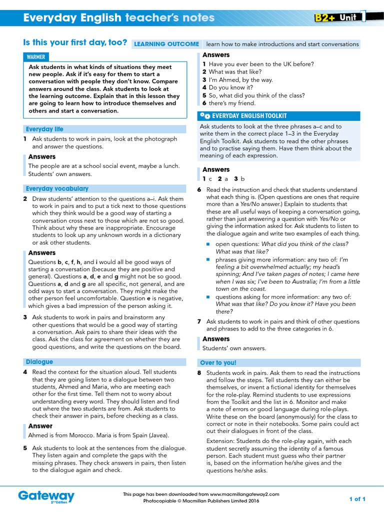 B2+ UNIT 1 Everyday English Teacher's Notes PDF | PDF | Question ...