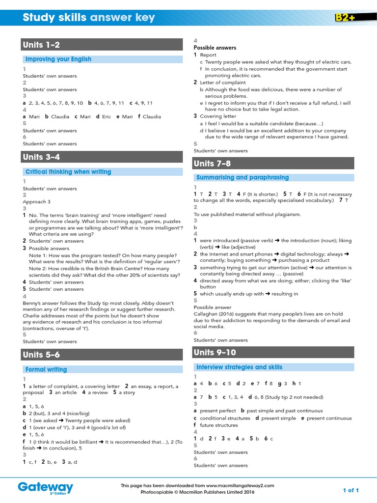 B2+ Study Skills Answer Key | PDF | Cognition | Communication