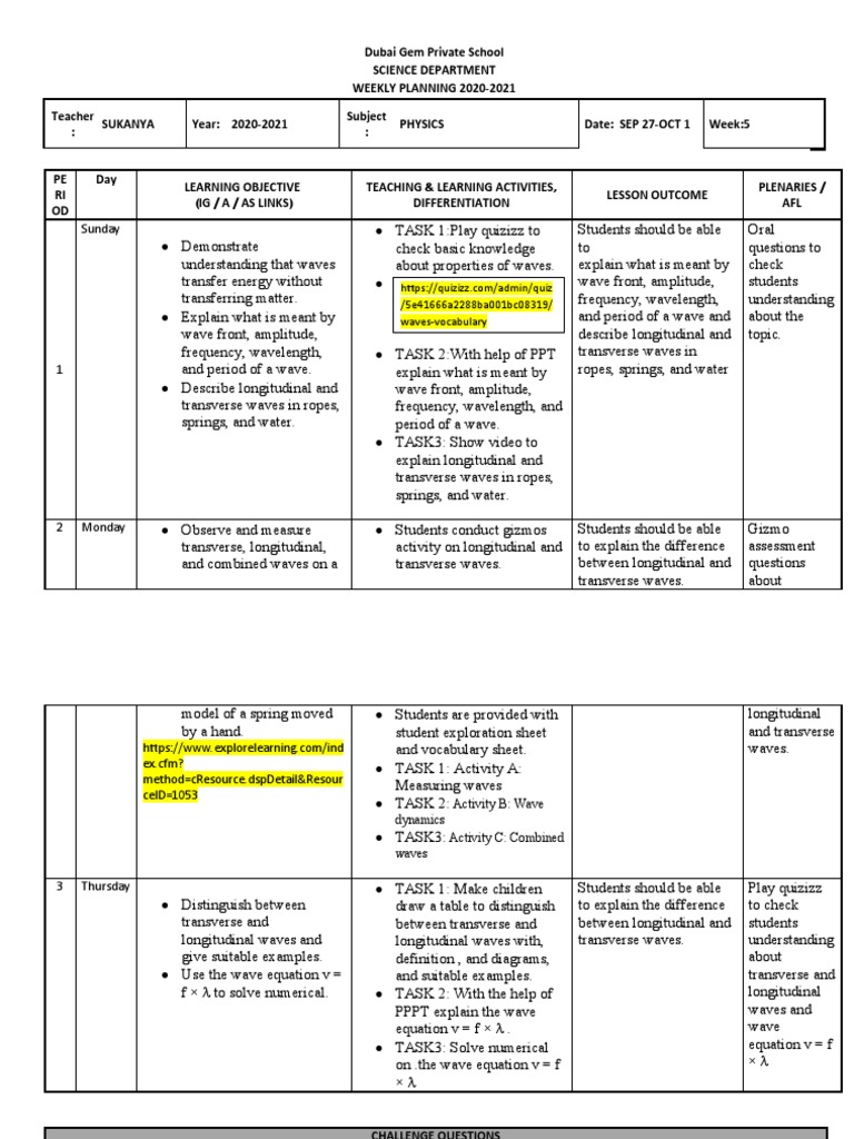 Dubai Gem Private School Physics Plan | PDF | Waves | Wavelength