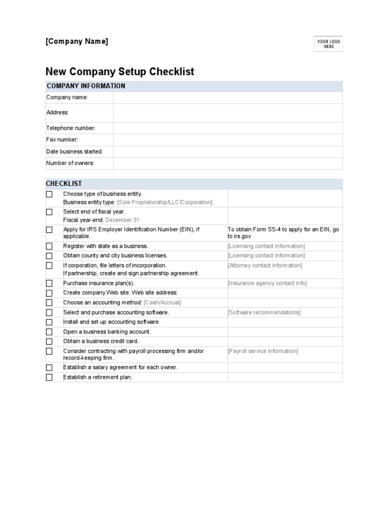 New Company Setup Checklist Guide | PDF