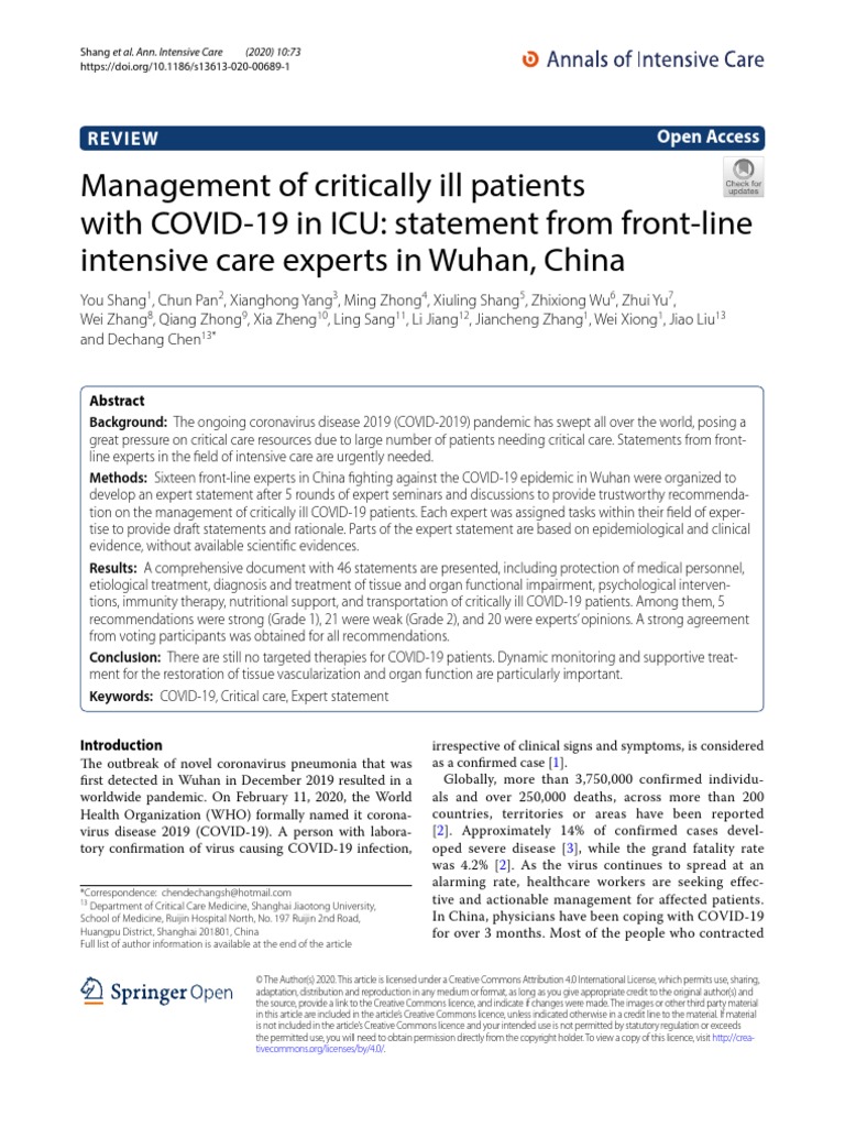 Management of Critically Ill Patients With COVID-19 in ICU: Statement ...