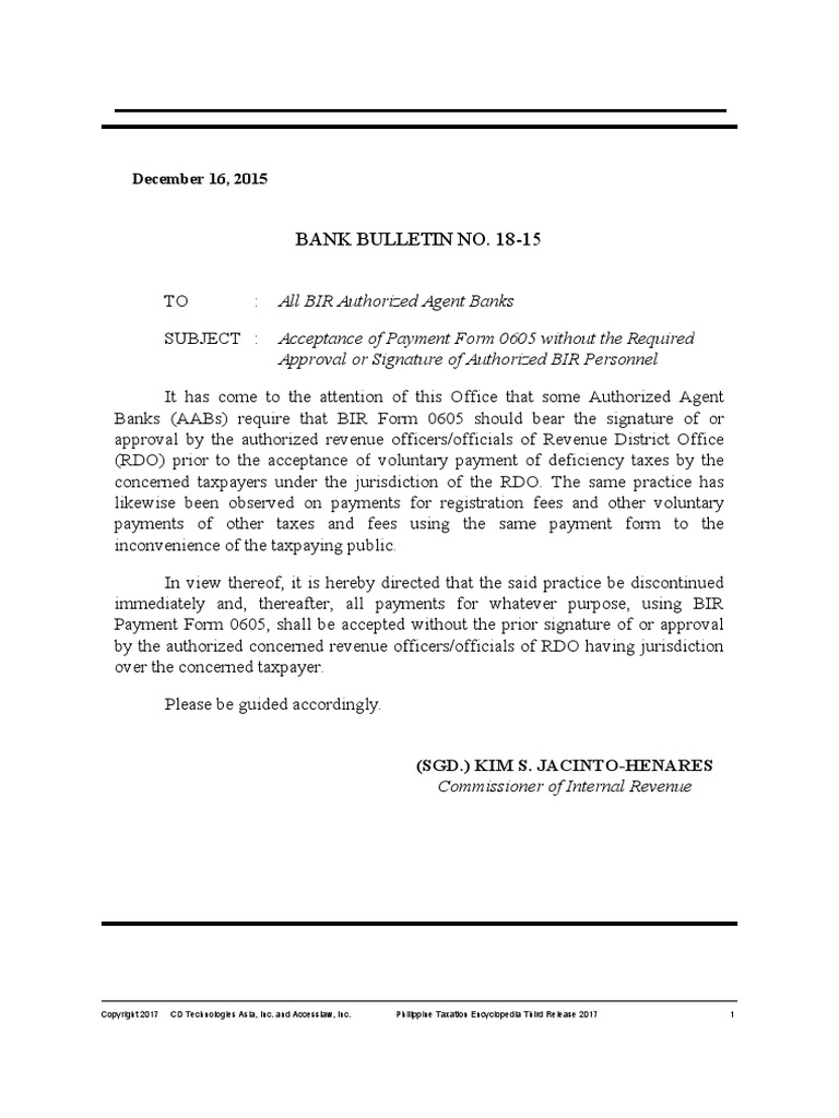 BIR Bulletin on Bank Payment Forms | PDF | Internal Revenue Service | Taxes