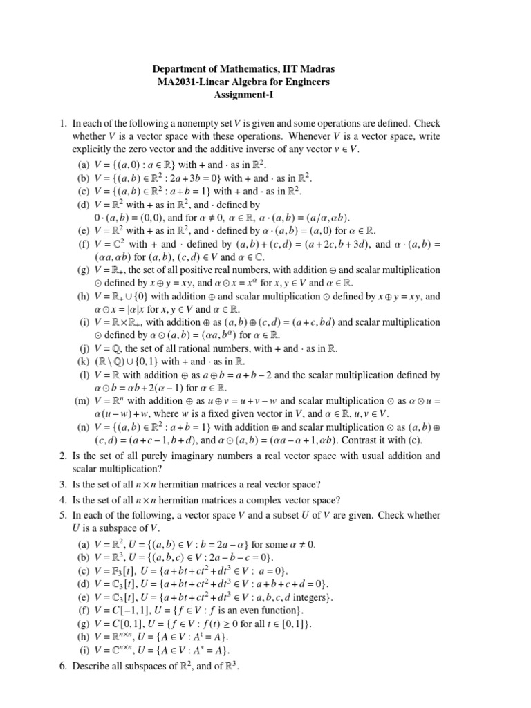 Department of Mathematics, IIT Madras MA2031-Linear Algebra For Engineers Assignment-I | PDF ...