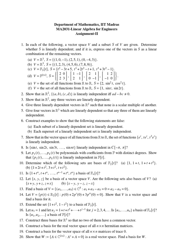 Department of Mathematics, IIT Madras MA2031-Linear Algebra For Engineers Assignment-II | PDF ...