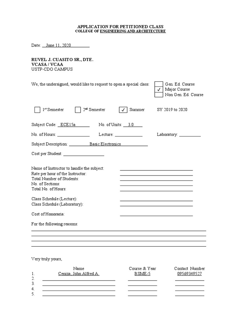 Application For Petitioned Class: College of Engineering and ...