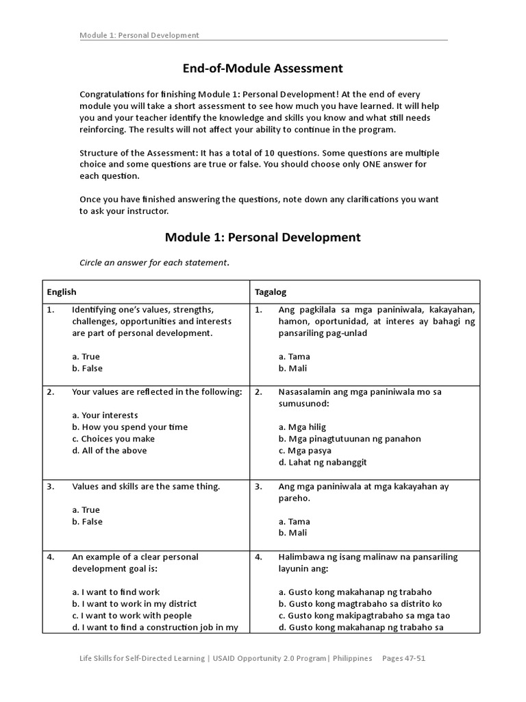 End-of-Module Assessment: Circle An Answer For Each Statement ...