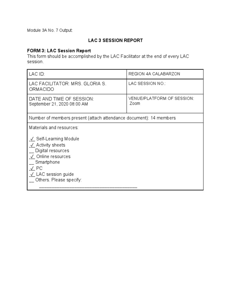 Lac 3 Session Report FORM 3: LAC Session Report: Module 3A No. 7 Output ...