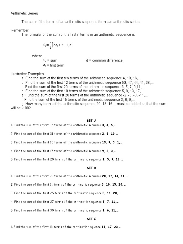 Activity Arithmetic Series Pdf Teaching Mathematics