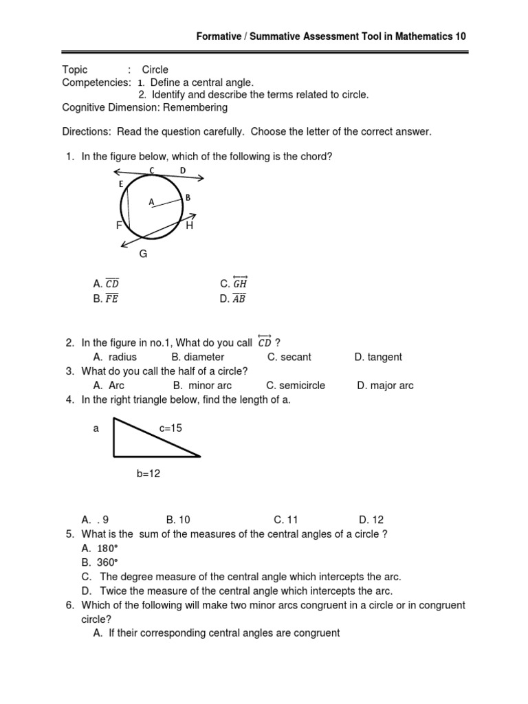 Grade 10 Formative Test Circle | PDF | Circle | Angle