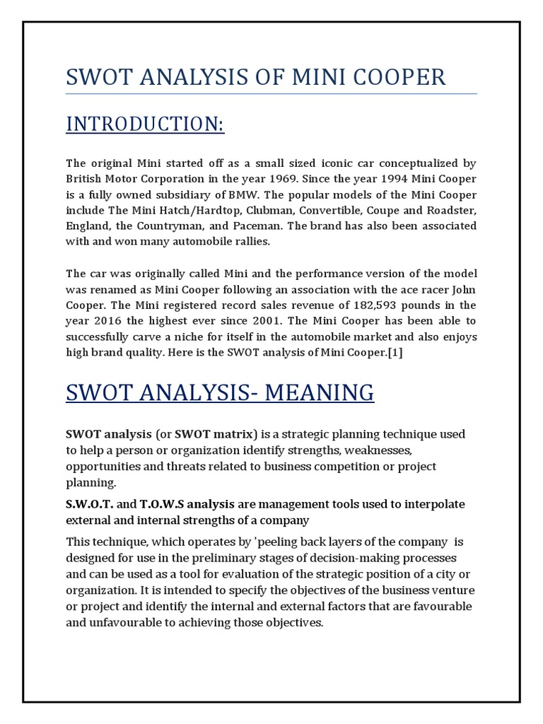 Swot Analysis of Mini Cooper | PDF | Swot Analysis | Land Vehicles
