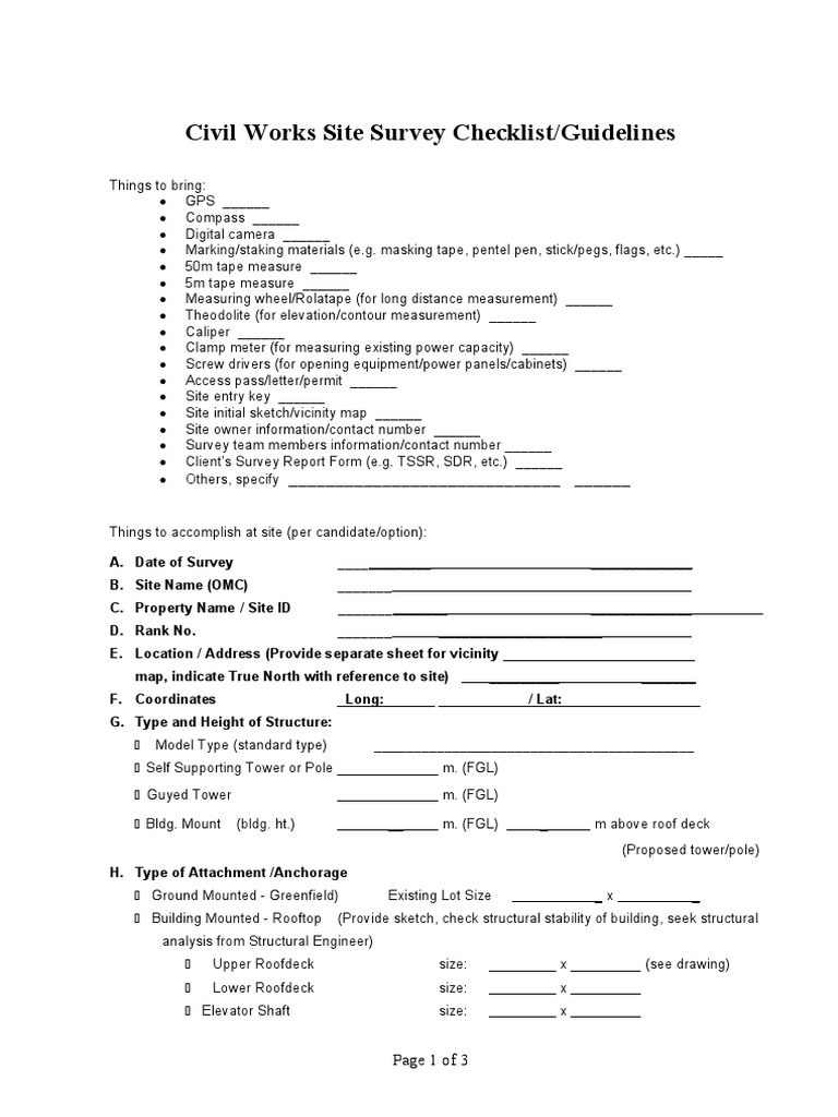 Civil Works Site Survey Checklist | PDF | Surveying | Road