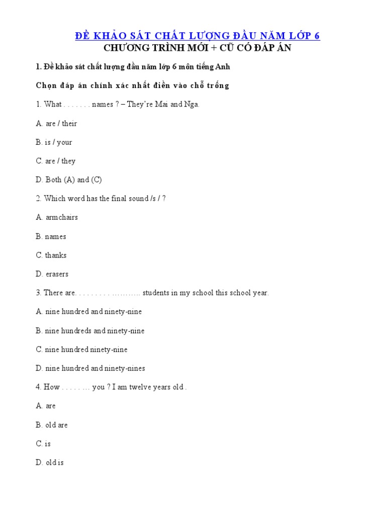 De Khao Sat Chat Luong Dau Nam Mon Tieng Anh Lop 6 Co Dap An | PDF | Vietnam