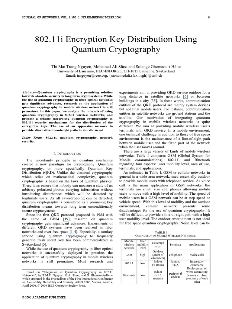 802.11i Encryption Key Distribution Using Quantum Cryptography | PDF | Cryptography | Computer ...