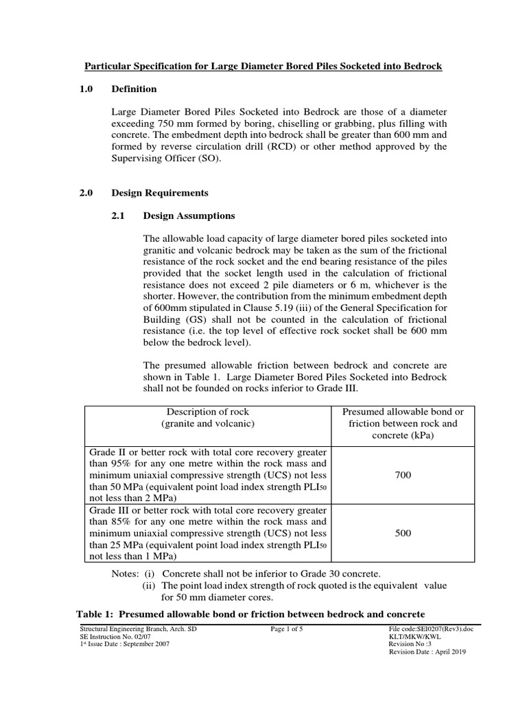 Large Diameter Bored Pile Specifications | PDF | Deep Foundation | Concrete