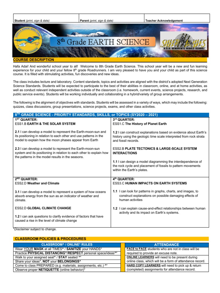 8th Grade Earth Science Syllabus | PDF | Learning | Behavior Modification