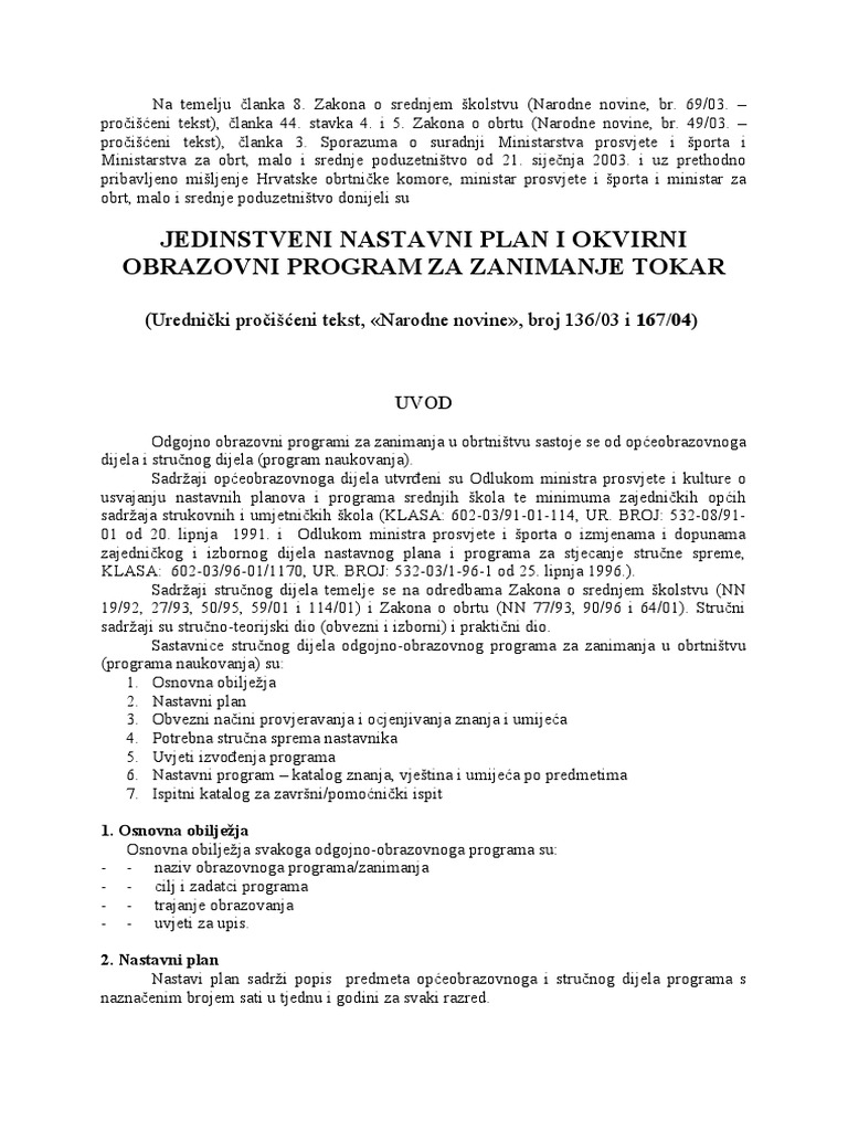 923.301 Jedinstveni Nastavni Plan I Okvirni Obrazovni Program Za Zanimanje Tokar | PDF