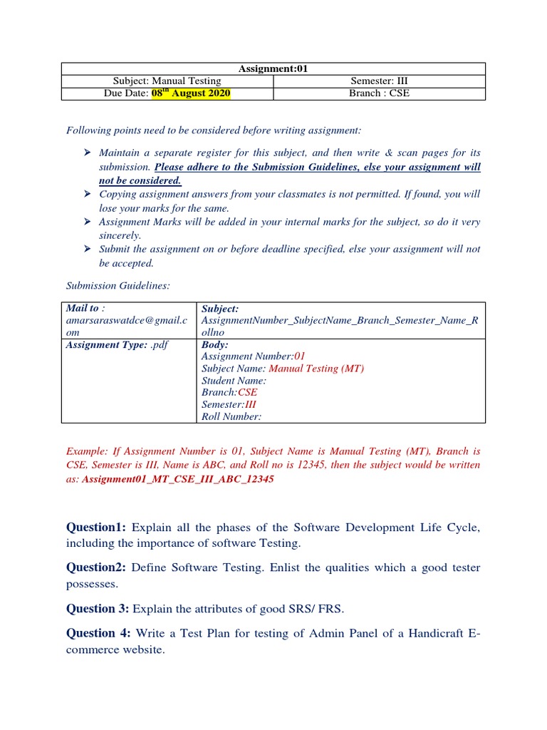 Subject: Manual Testing Semester: III Due Date: 08 Branch: CSE | PDF