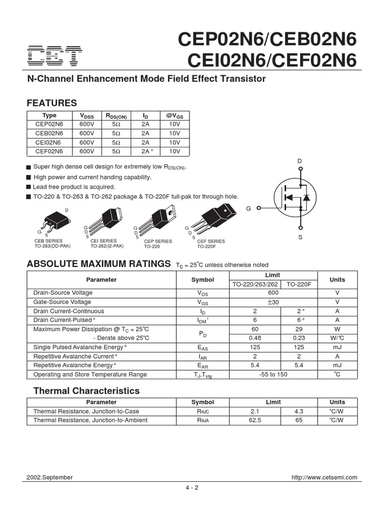 CEP02N6/CEB02N6 CEI02N6/CEF02N6: N-Channel Enhancement Mode Field Effect Transistor | PDF ...
