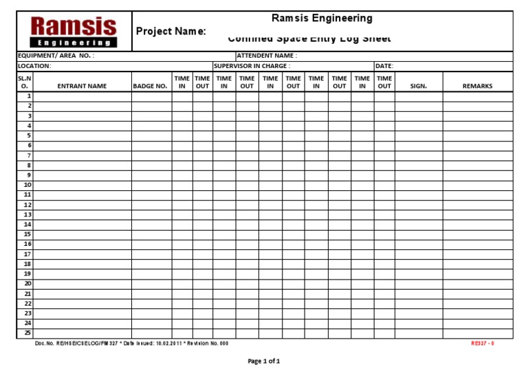 327-Confined Space Entry Log Rev 000 | PDF