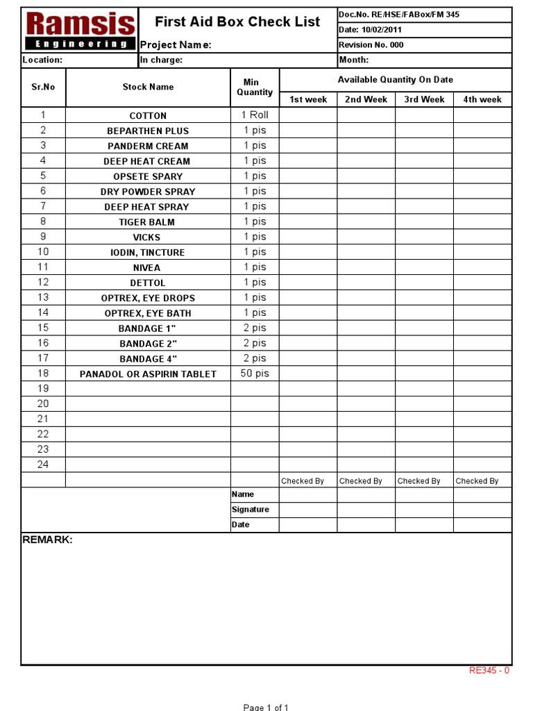 345-First Aid Box Check List Rev 000 | PDF