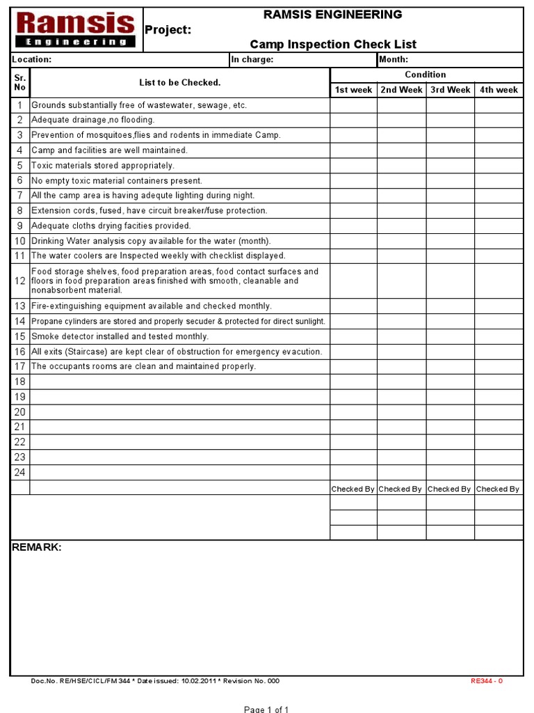 344-Camp Inspection Check List Rev 000 | PDF