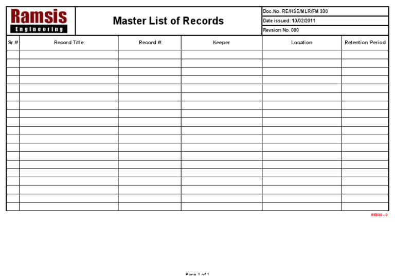 330-Master List of Records Rev 000 | PDF