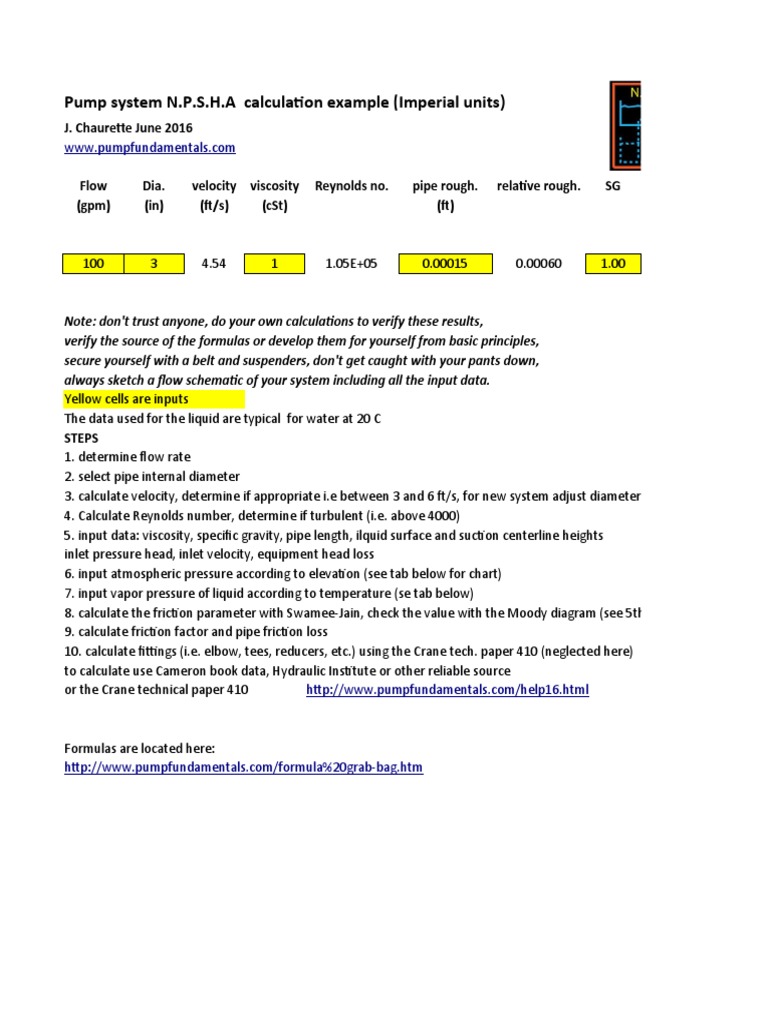 Pump System N.P.S.H.A Calculation Example (Imperial Units) : J ...