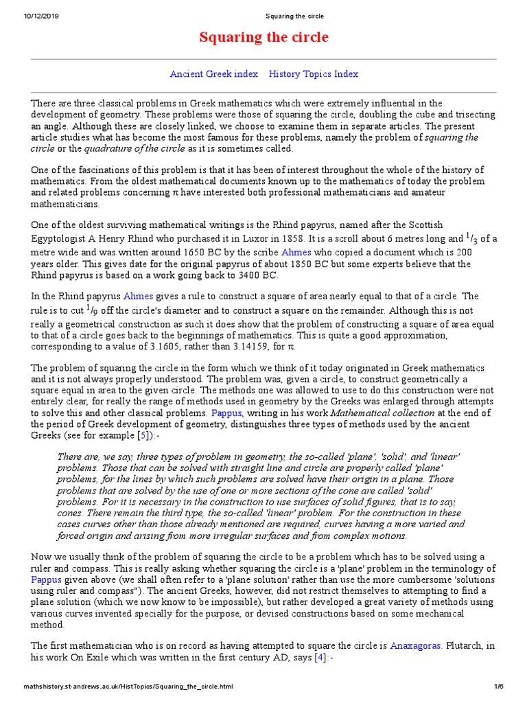 Squaring The Circle (MathHistory) | PDF | Circle | Pi