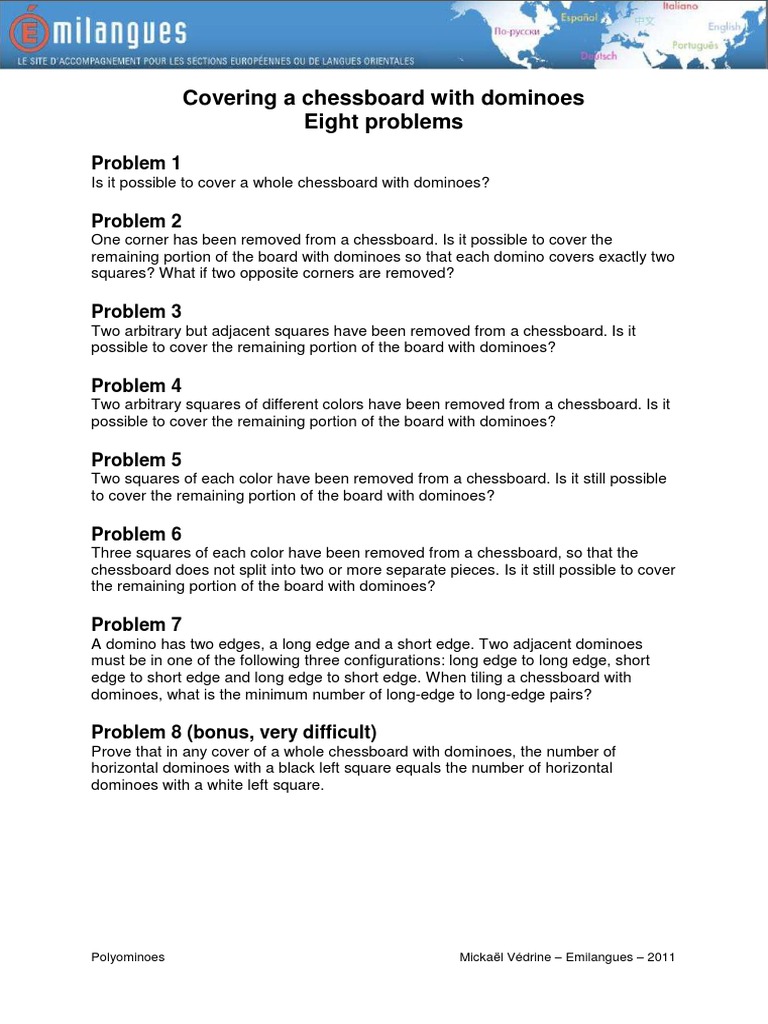 Covering A Chessboard With Dominoes - 8 Problems | PDF | Teaching ...