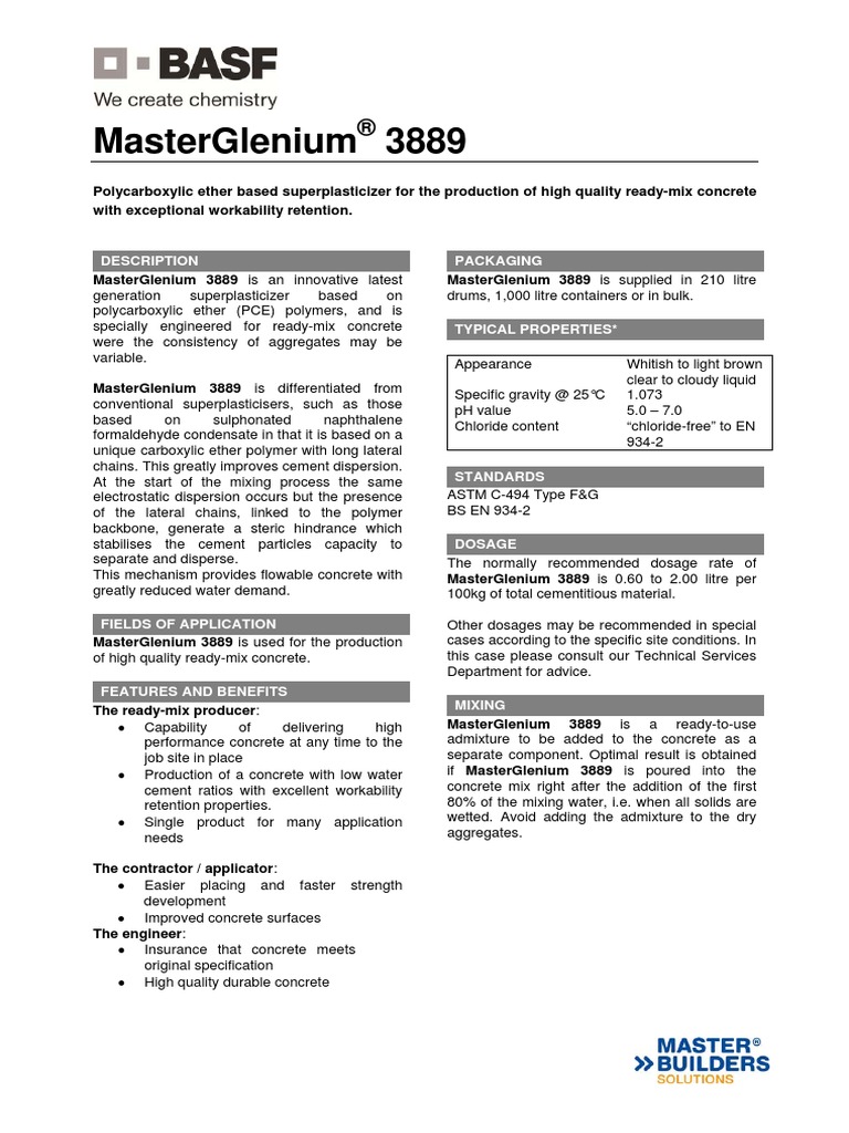 BASF MasterGlenium 3889 - Superplasticizer | PDF | Concrete | Materials