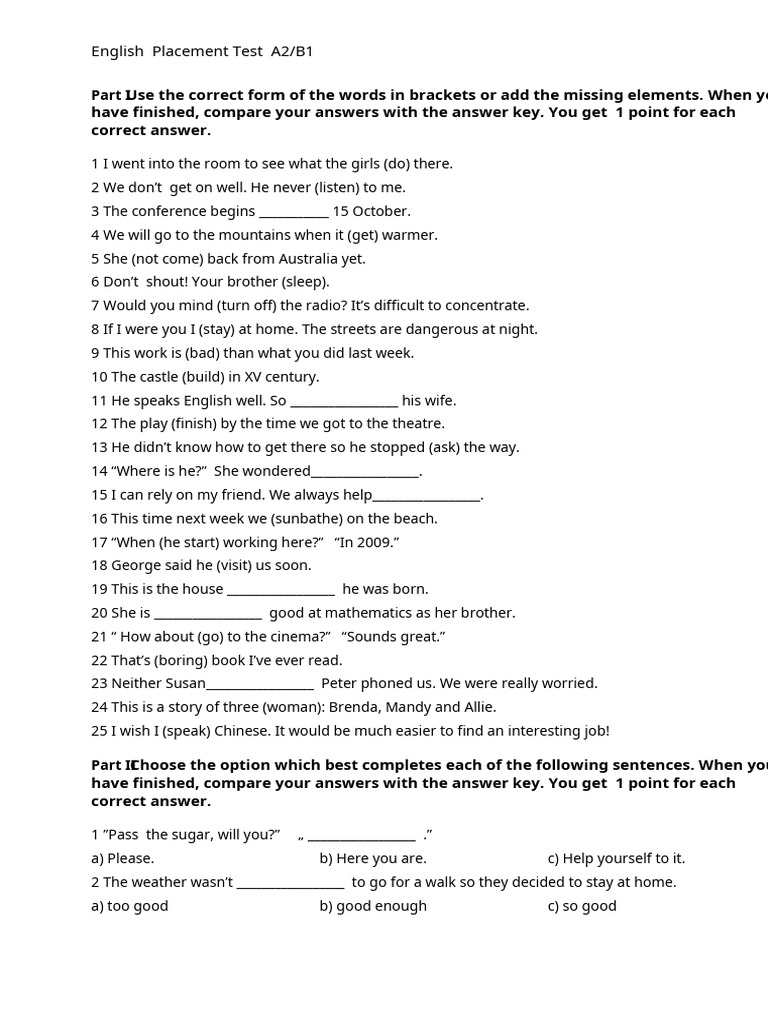 Placement Test A2-B1nokey | PDF