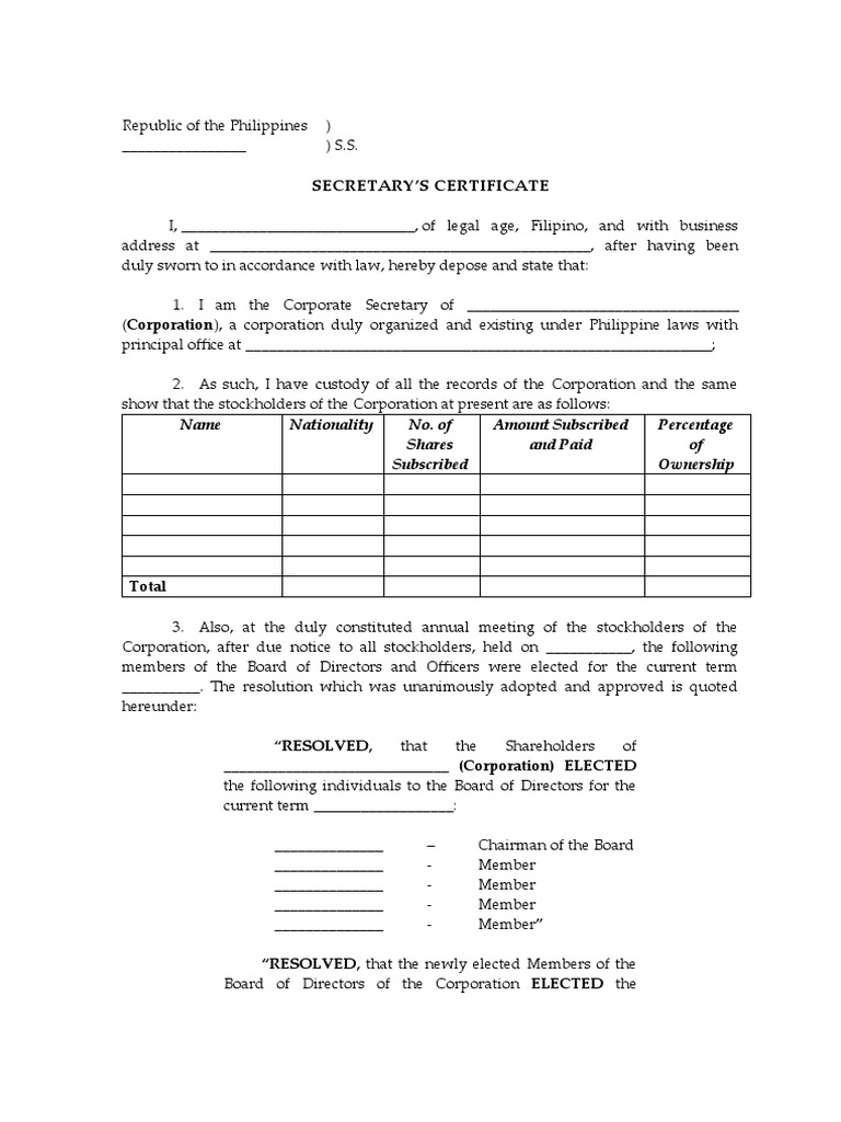 Secretary's Certificate Template | PDF | Shareholders | Board Of Directors