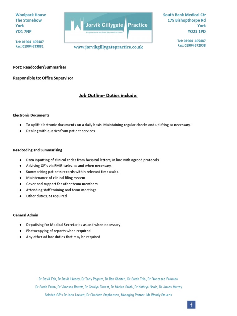 Job Outline-Duties Include:: Post: Readcoder/Summariser Responsible To ...