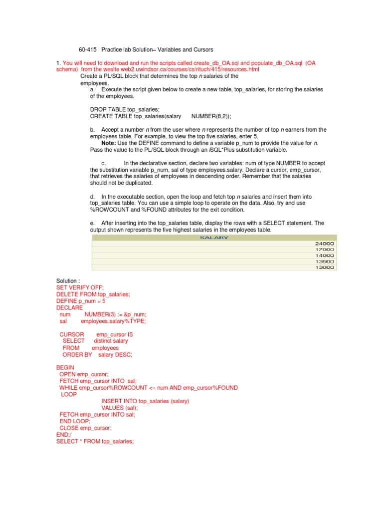 PL/SQL Lab: Variables and Cursors | PDF | Pl/Sql | Table (Database)
