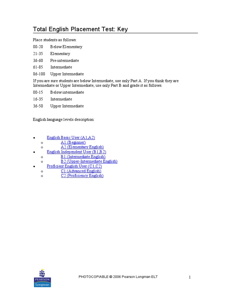 Total English Placement Test: Key: o o o o o o | PDF