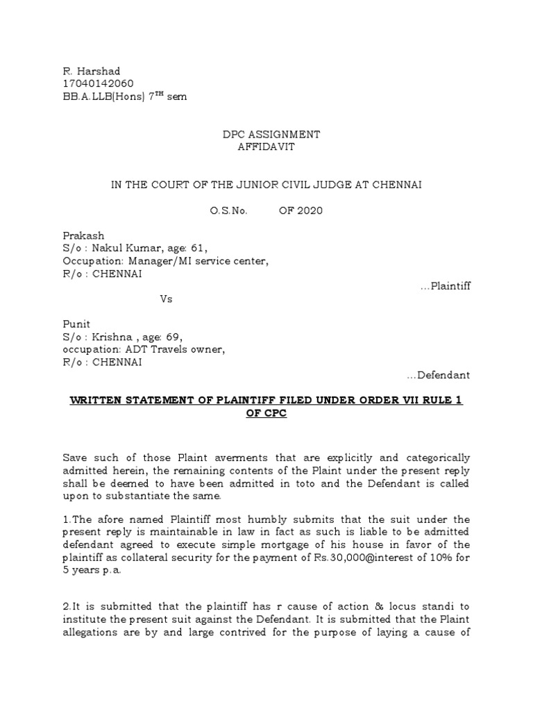 Written Statement of Plaintiff Filed Under Order Vii Rule 1 of CPC | PDF | Lawsuit | Judiciaries
