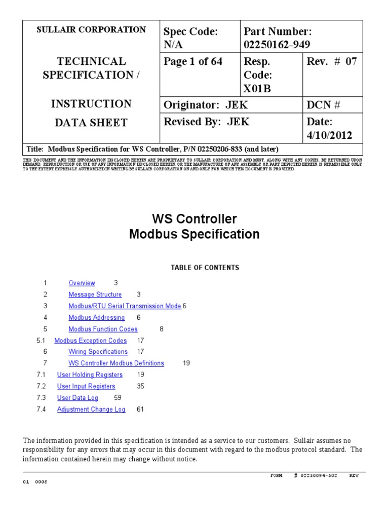 Modbus Protocol Instruction 02250162-949 Draft 130410 Rev1 | PDF ...