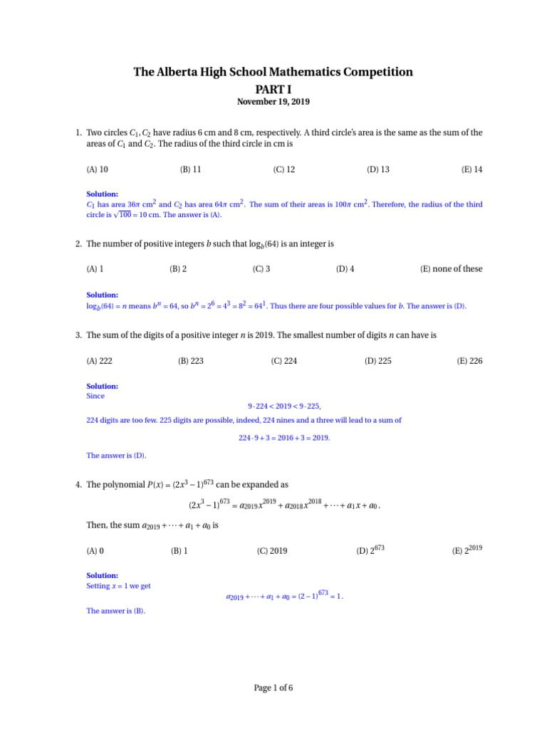 The Alberta High School Mathematics Competition: Solution | PDF | Area ...