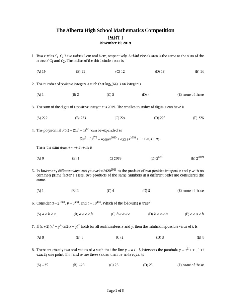 The Alberta High School Mathematics Competition: November 19, 2019 ...