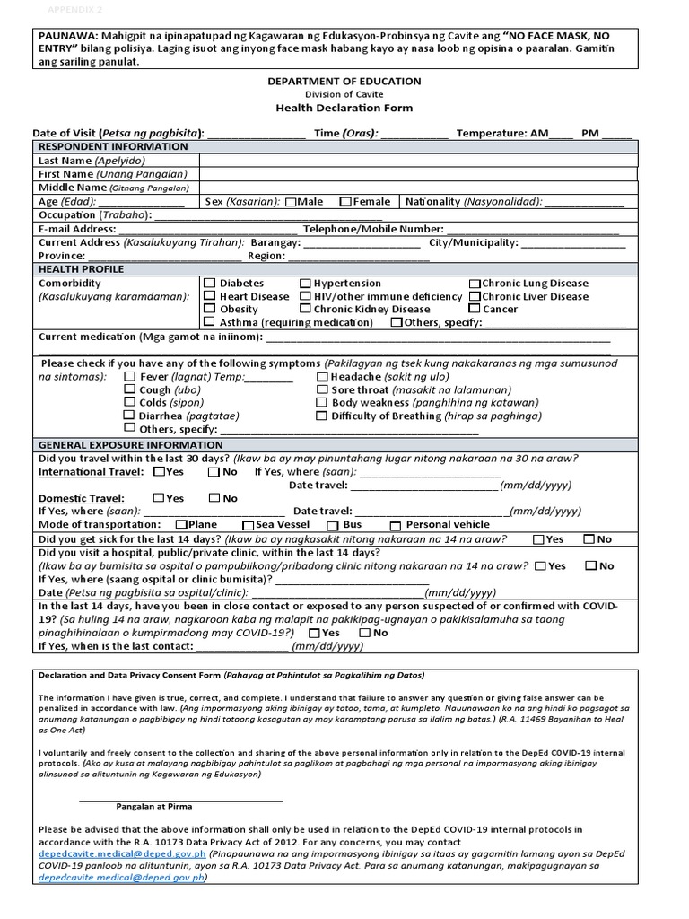 Health Declaration Form Long | PDF | Chronic Condition | Epidemiology