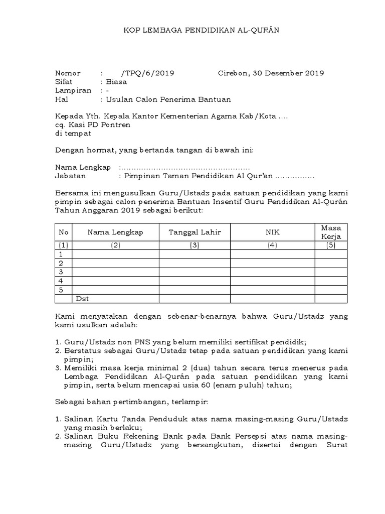 Usulan Bantuan Insentif Guru Ngaji | PDF