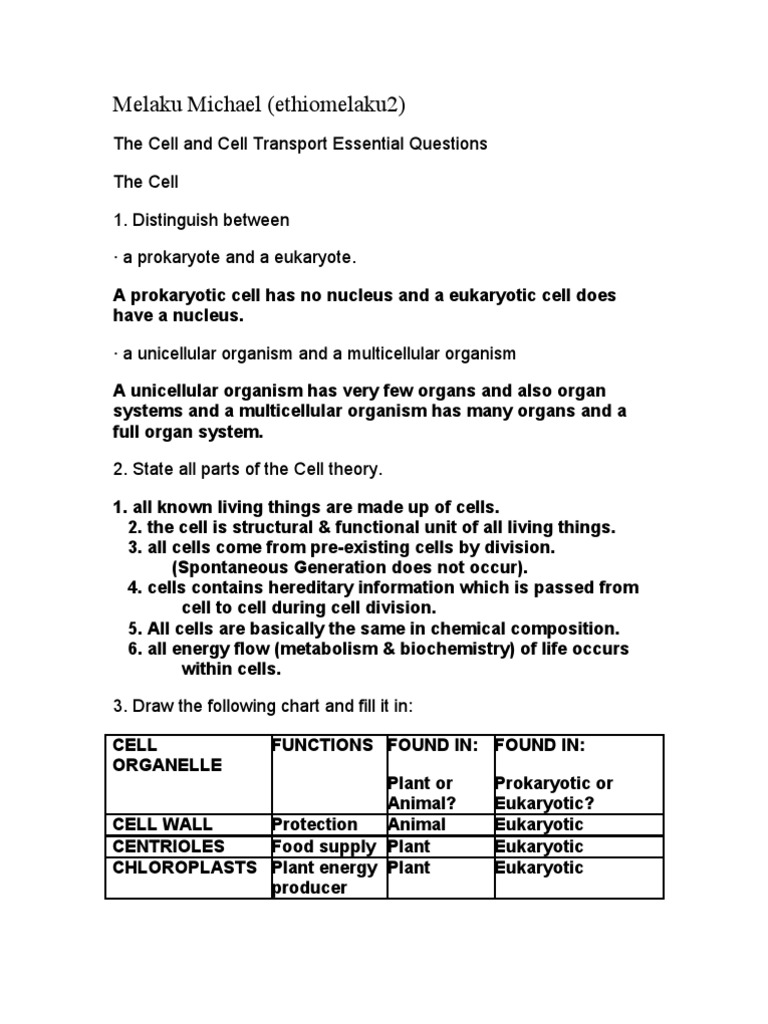 The Cell and Cell Transport Essential Questions | PDF | Eukaryotes ...